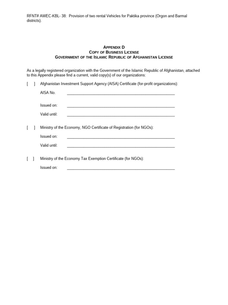 Appendix D - Copy of Business License RFQ | PDF