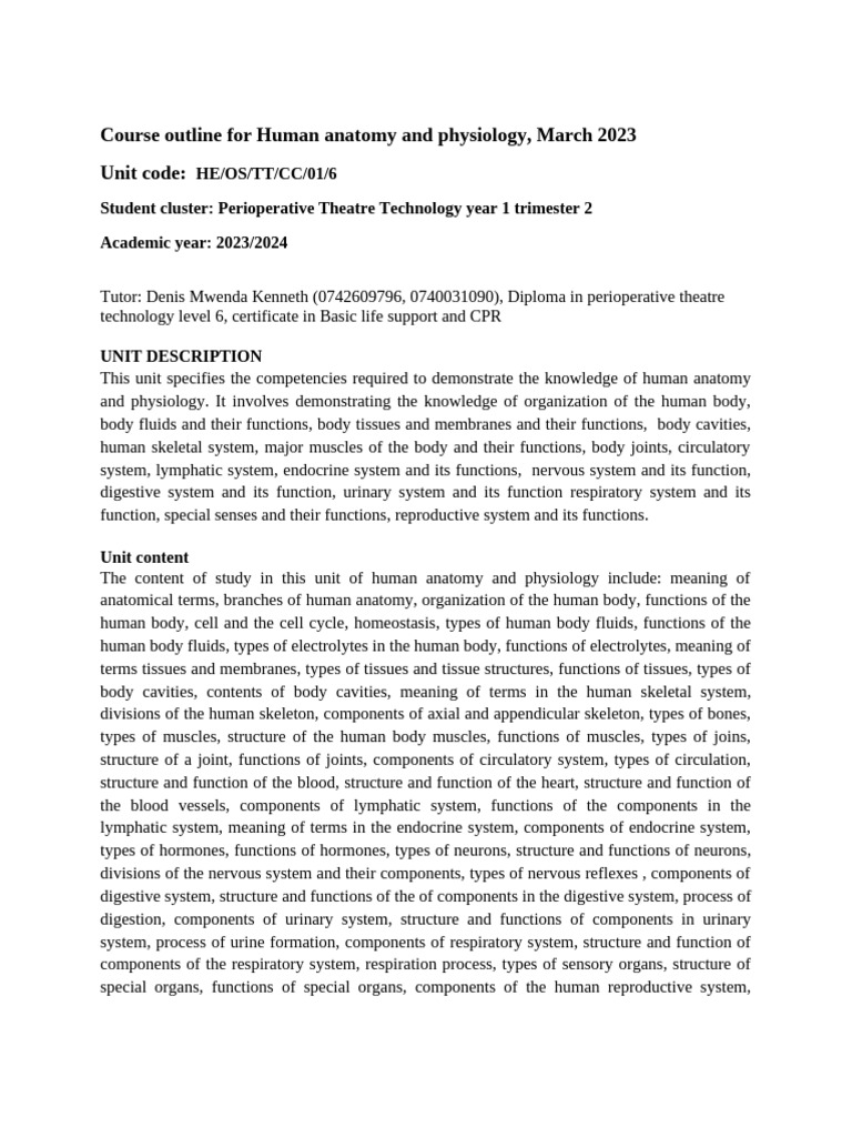 Human Anatomy & Physiology Course Outline | PDF | Human Body | Zoology