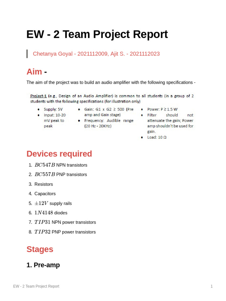 Chetanya Ajit EW2 Project1 | PDF | Amplifier | Bipolar Junction Transistor