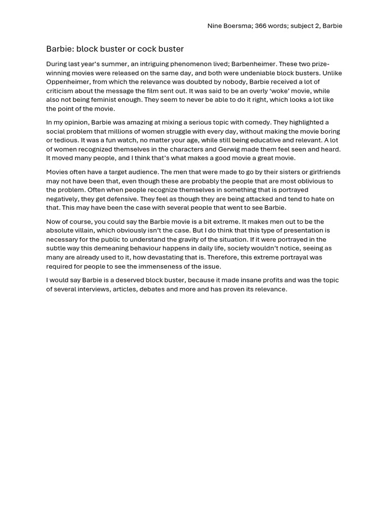 Argumentative Essay Barbie 24-9-2024 002 | PDF