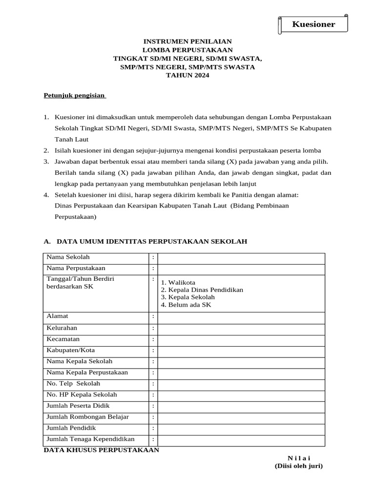 Instrumen Lomba Perpus SD 2024 | PDF