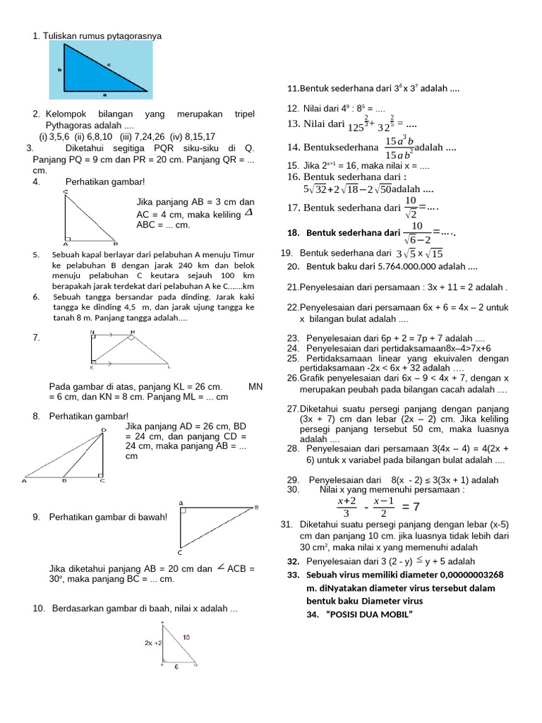 Kisi2 Soal MTK Kls 8 PAS | PDF