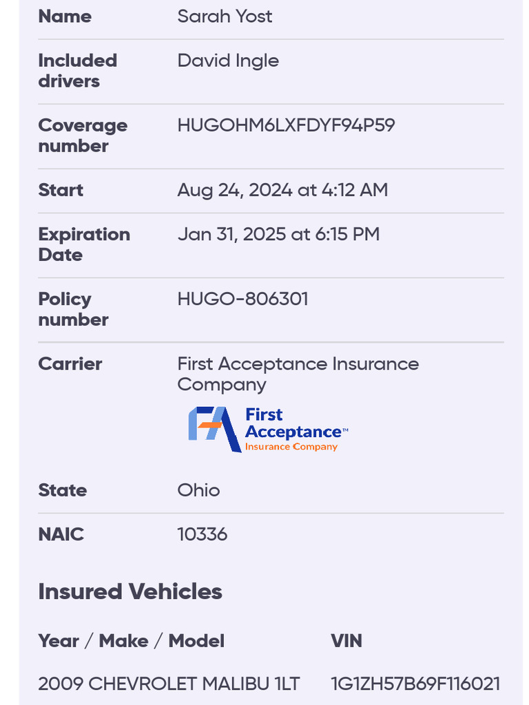 Hugo App - Proof of Insurance | PDF