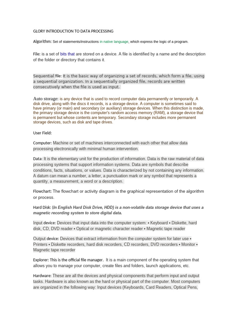 Glossary Introduction To Data Processing | PDF | Computer Data Storage | Computer File