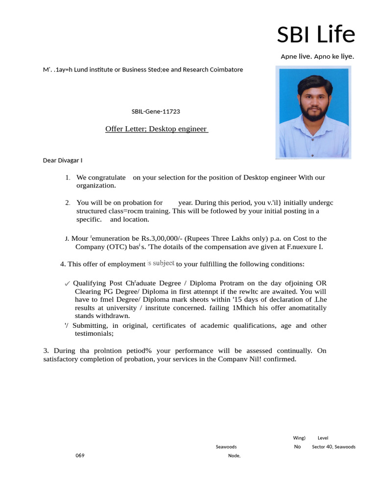 Divagar I-SBIL-Offer-Letter-Placement | PDF