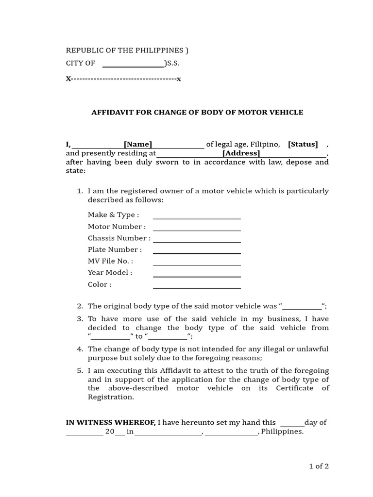 Change of Body of Motor Vehicle, Affidavit For | PDF