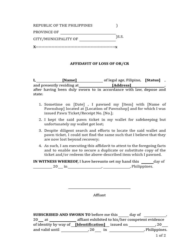 Loss of Pawn Ticket, Affidavit of | PDF