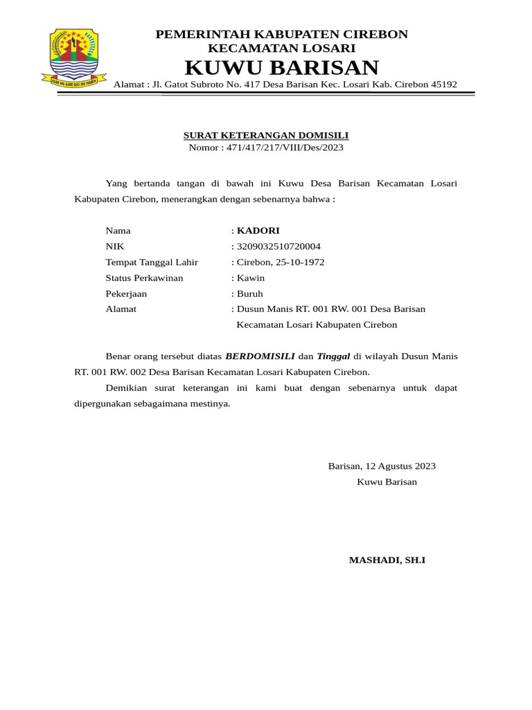 Surat Keterangan Domisili Kadori Cirebon | PDF