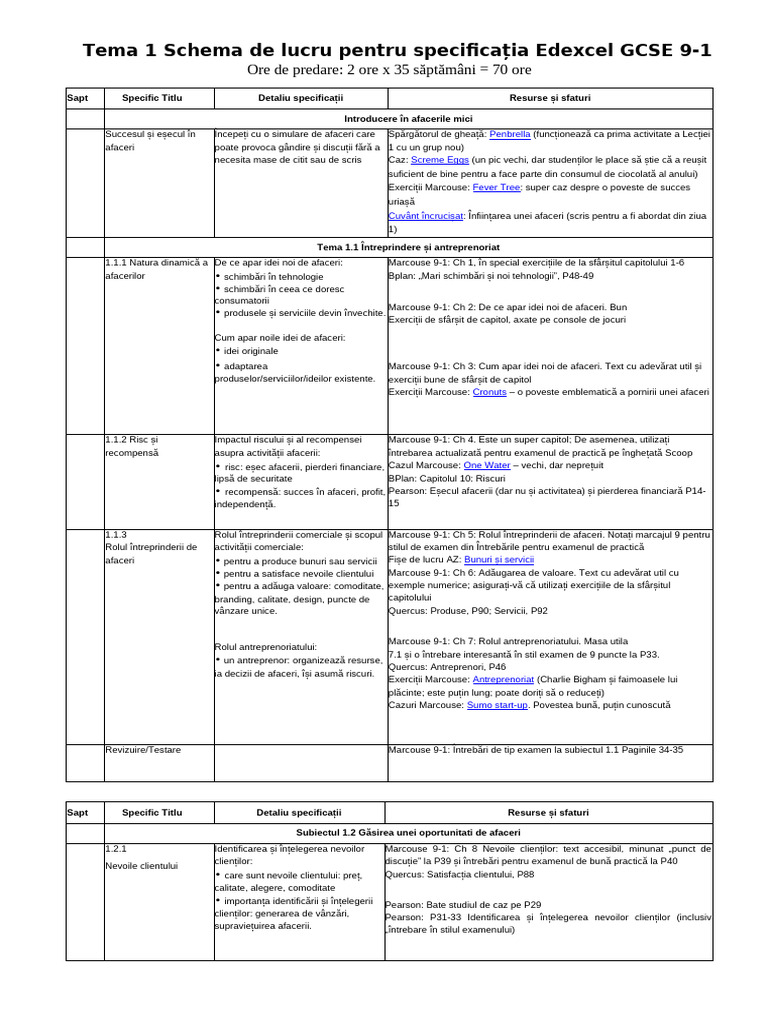 Edexcel-GCSE-(9-1)-Business-Theme-1-Planul de învățare | PDF