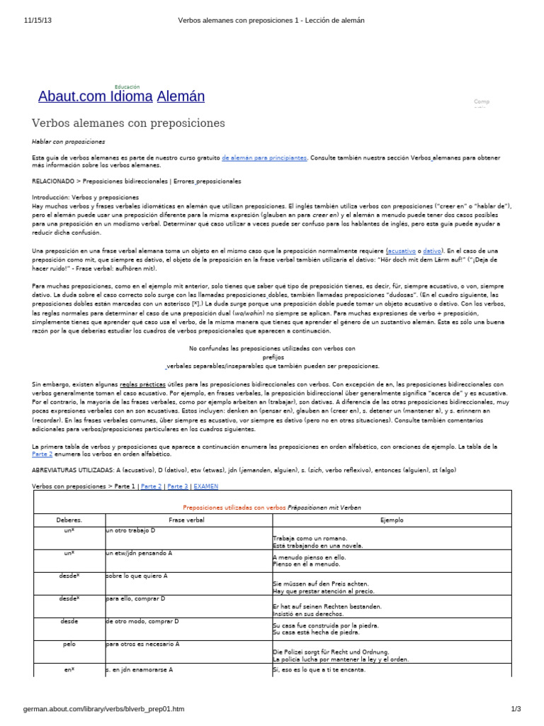 Verbos Alemanes Con Preposiciones 1 - Lección de Alemán | PDF | Verbo | Idioma aleman