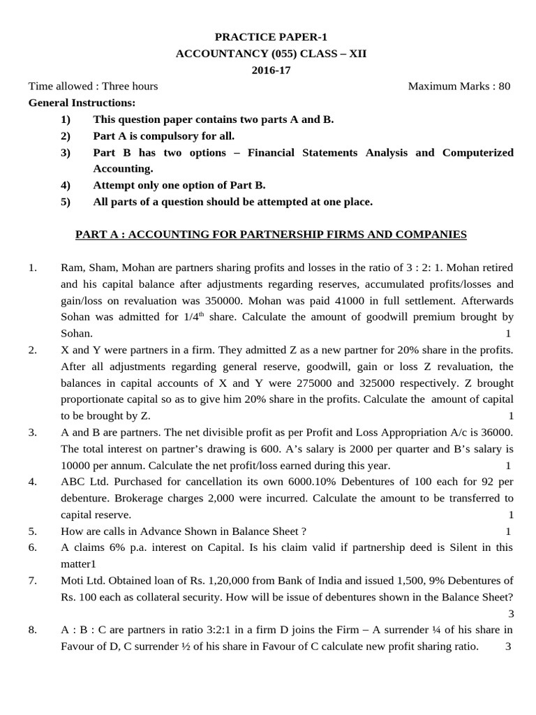 Xii-Practice Paper-Accountancy-Set-1 | PDF | Revenue | Balance Sheet