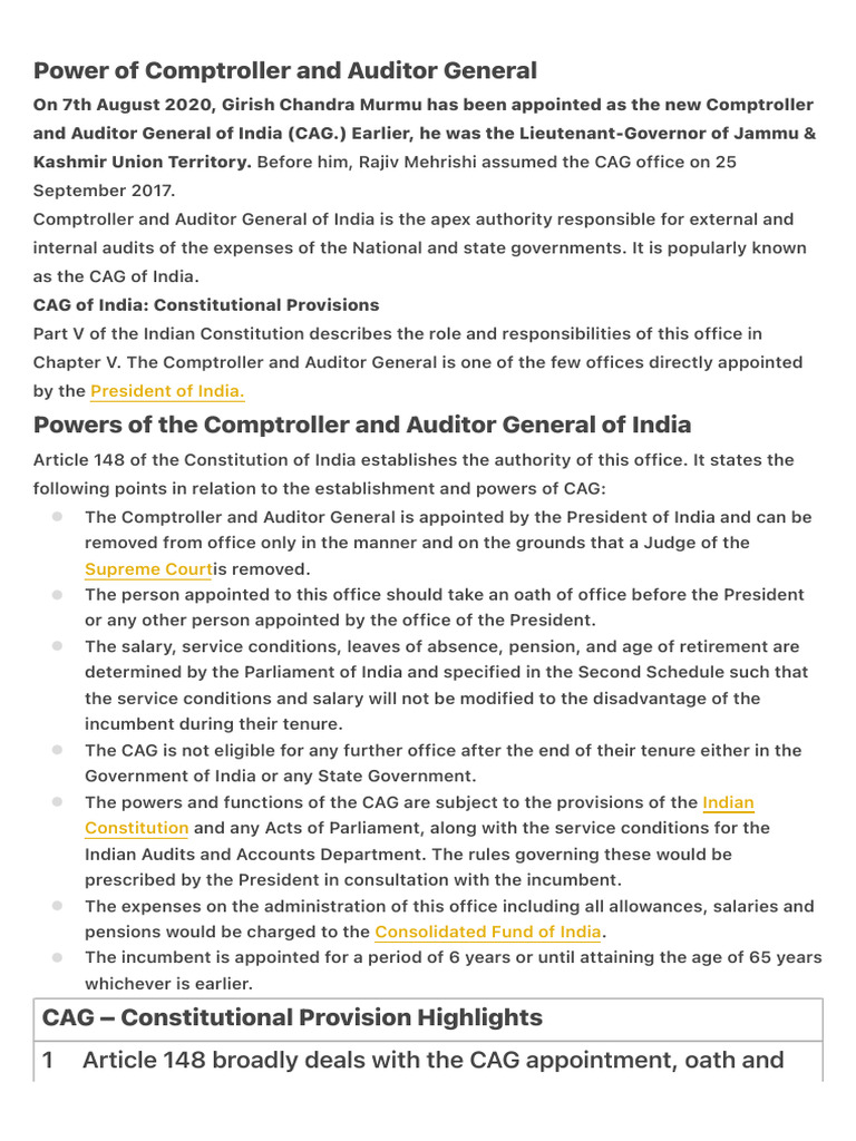Powers of India's Comptroller & Auditor General | PDF | Audit | Government