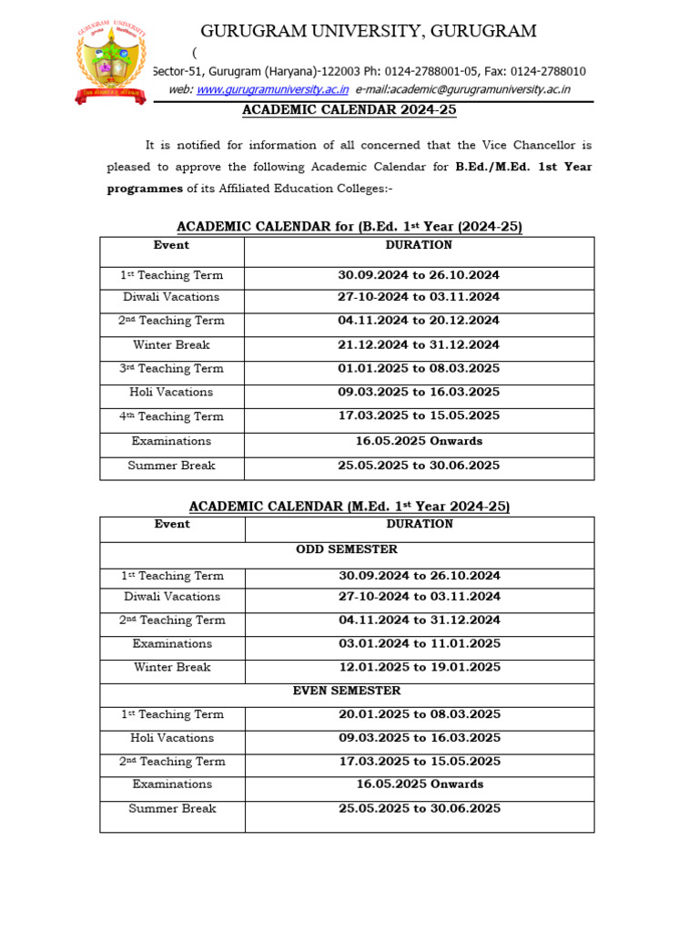 Academic Calendar For B.Ed. & M.Ed. 1st Year For The Session 2024-25 ...