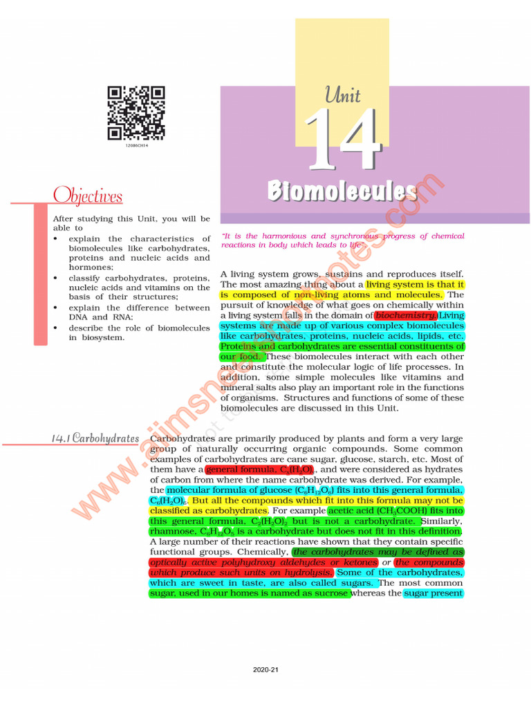 Biomolecules (Chemistry) NCERT Highlights | PDF