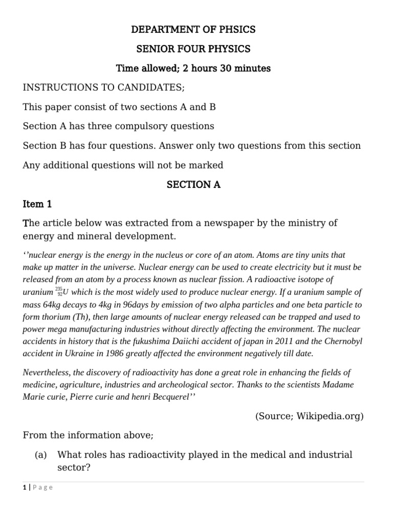 Senior Four Physics Exam Questions | PDF | Radioactive Decay | Nuclear ...