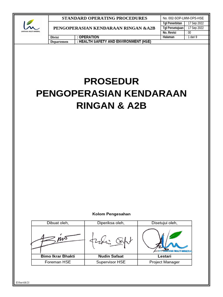 SOP Kendaraan Ringan & A2B | PDF