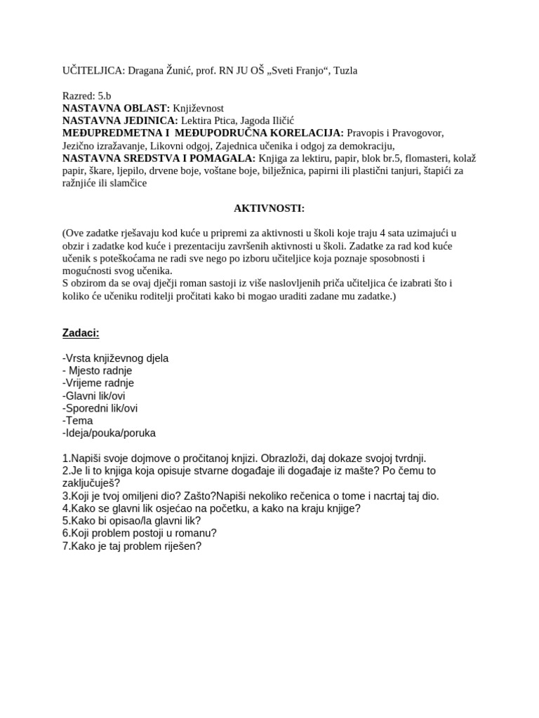 Lektira Ptica, Jagoda Iličić | PDF