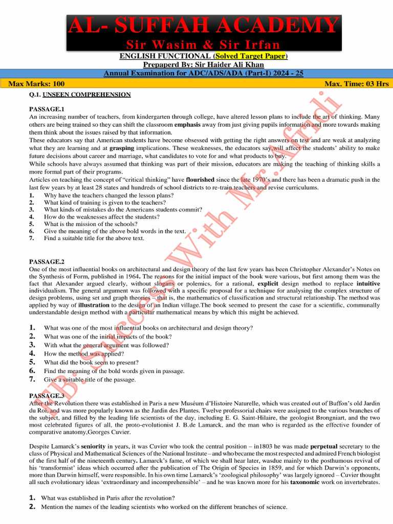 Target Paper by Sir Haider - ADC English - Al Suffah Academy - 2024-25 | PDF
