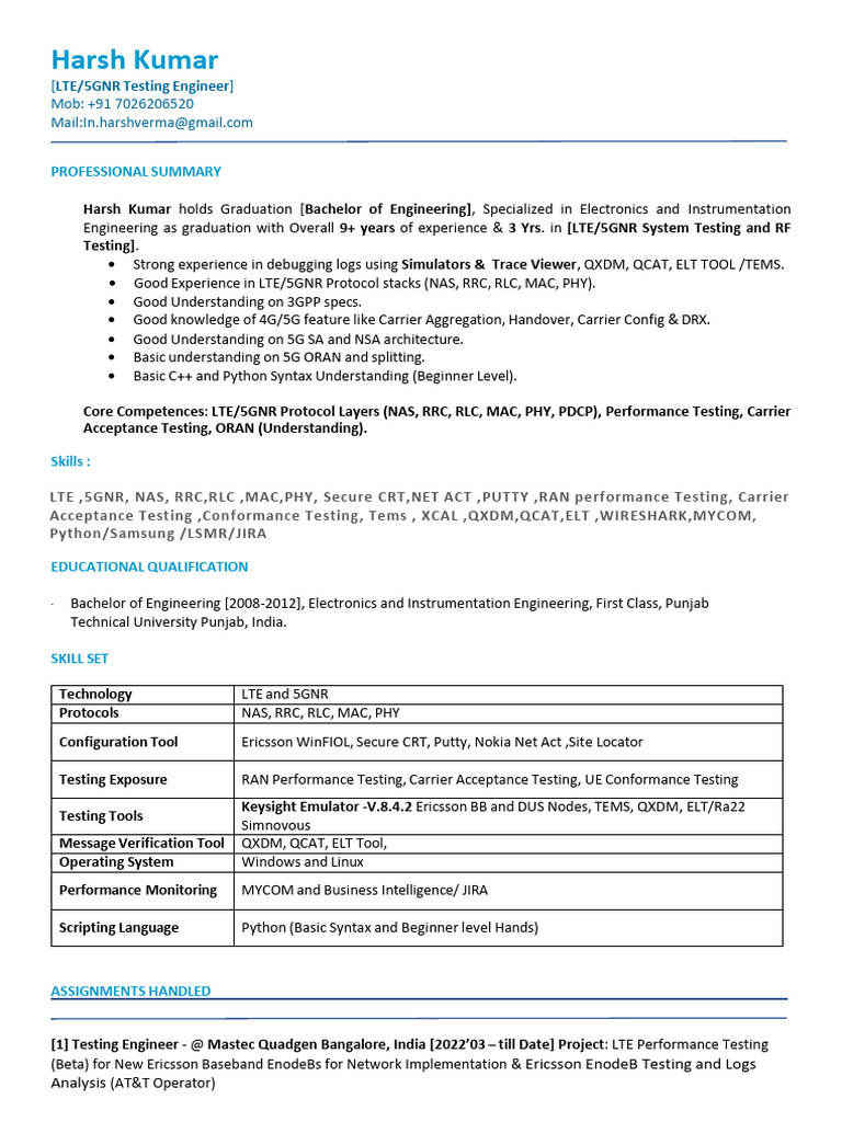 LTE/5GNR Testing Engineer Resume | PDF | Lte (Telecommunication ...