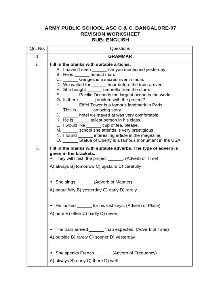 Revision Worksheet Class 7 PT2 | PDF | Adverb | Linguistics