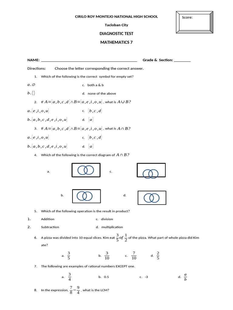 Math Diagnostic Test for Students | PDF | Geometry | Mathematical Concepts