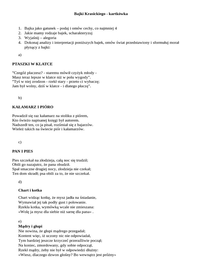 Bajki Krasickiego Kartkówka | PDF