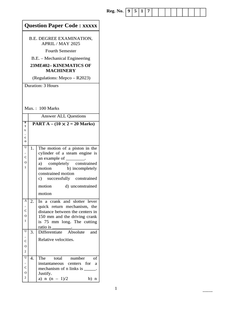 23me402 - Kinematics of Machinery | PDF | Belt (Mechanical) | Gear