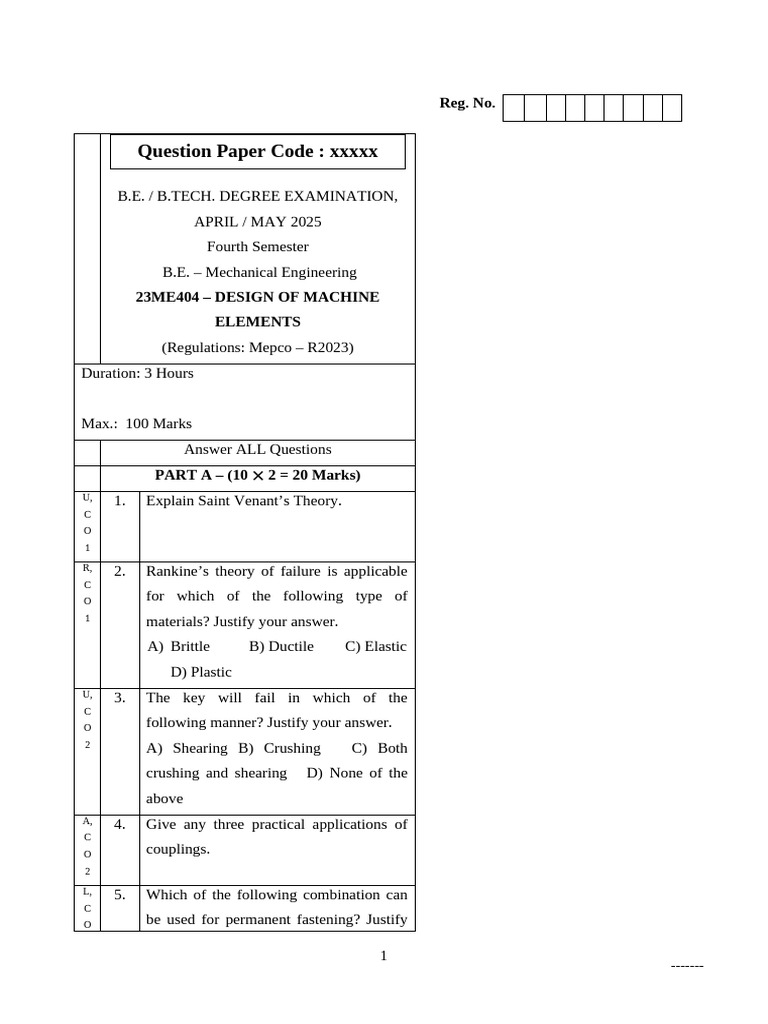 23me404 - Design of Machine Elements | PDF | Stress (Mechanics) | Bending