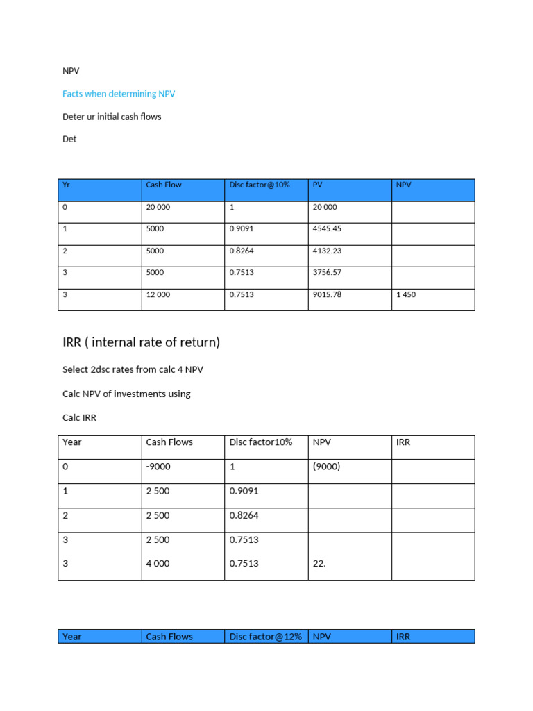 NPV and IRR Calculation Guide | PDF | Net Present Value | Internal Rate ...