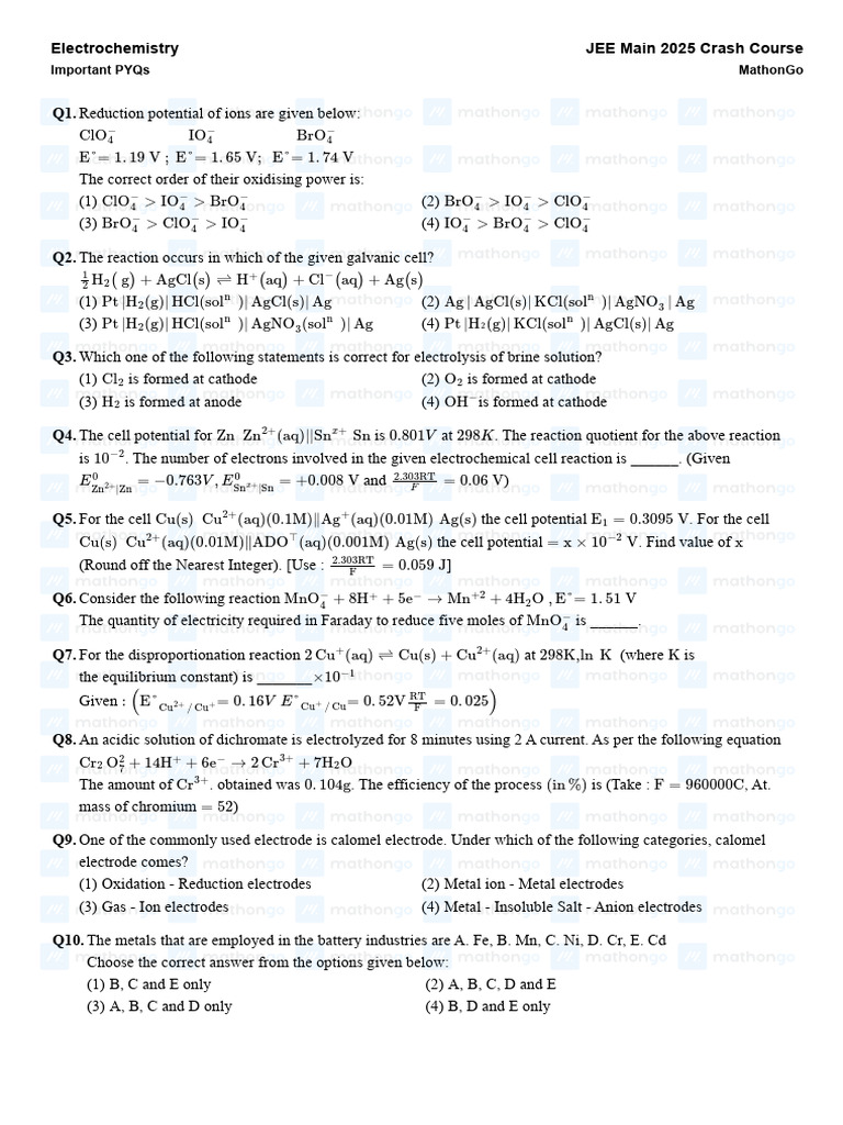 Important PYQs - Electrochemistry | PDF | Electrochemistry | Redox