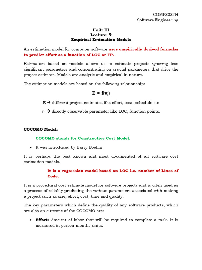 Unit III Lecture 9 Emprical Estimation Models COCOMO | PDF | Applied Mathematics