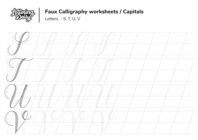 Faux Calligraphy Worksheets - Capitals 6 - S, T, U, V | PDF