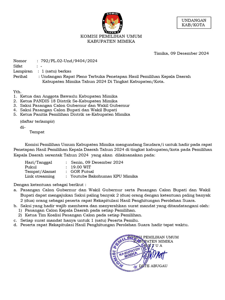 Kabkota - Undangan Pleno Pilkada | PDF