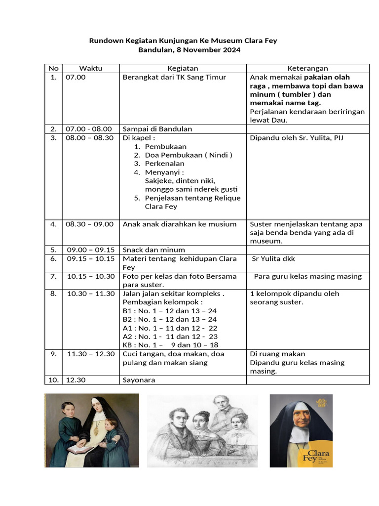 Rundown Kegiatan Kunjungan Ke Museum Clara Fey | PDF Rundown Kegiatan Kunjungan Ke Museum Clara Fey | PDF