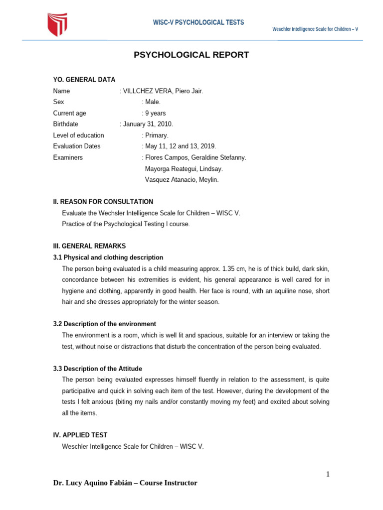 Psychological Report - Wisc V | PDF | Cognition | Intelligence