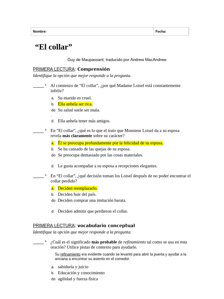 Preguntas y respuestas sobre "El collar" | PDF