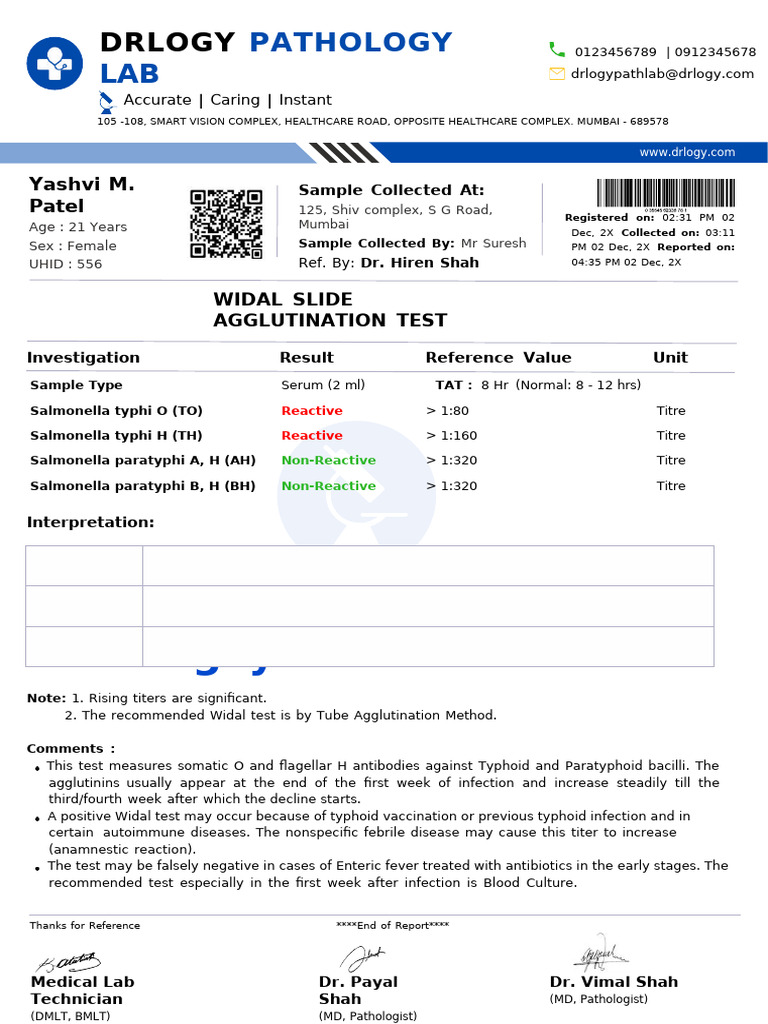 Positive Widal Test Report Format Example Sample T - 250130 - 134954 ...