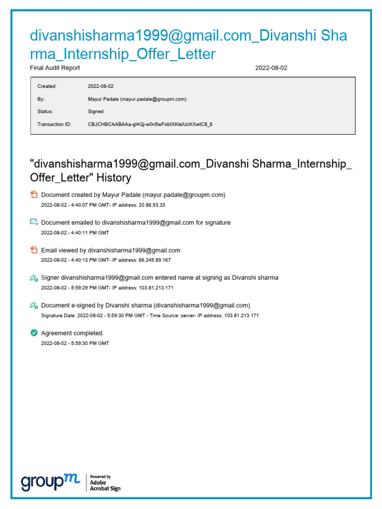 Divanshi Sharma Internship Offer Letter | PDF