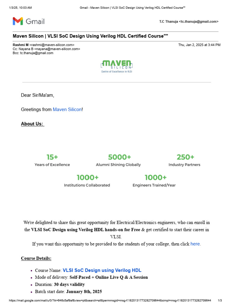 Gmail - Maven Silicon - VLSI SoC Design Using Verilog HDL Certified Course | PDF | Physical ...