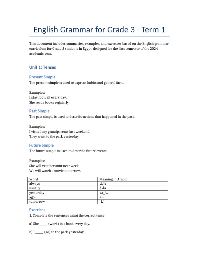 Grade 3 English Grammar Term 1 | PDF | English Grammar | Grammatical Tense