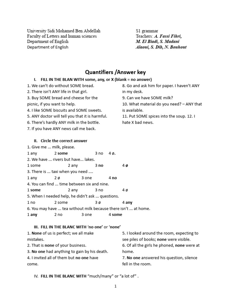 5.1 - Quantifiers Exercises & Answer Key | PDF