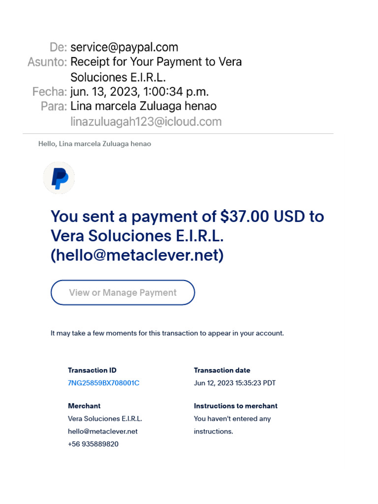 Receipt For Your Payment To Vera Soluciones E.I.R.L | PDF
