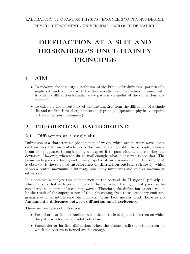 Diffraction at a Slit and Heisenberg's Uncertainty Priciple | PDF | Diffraction | Uncertainty ...