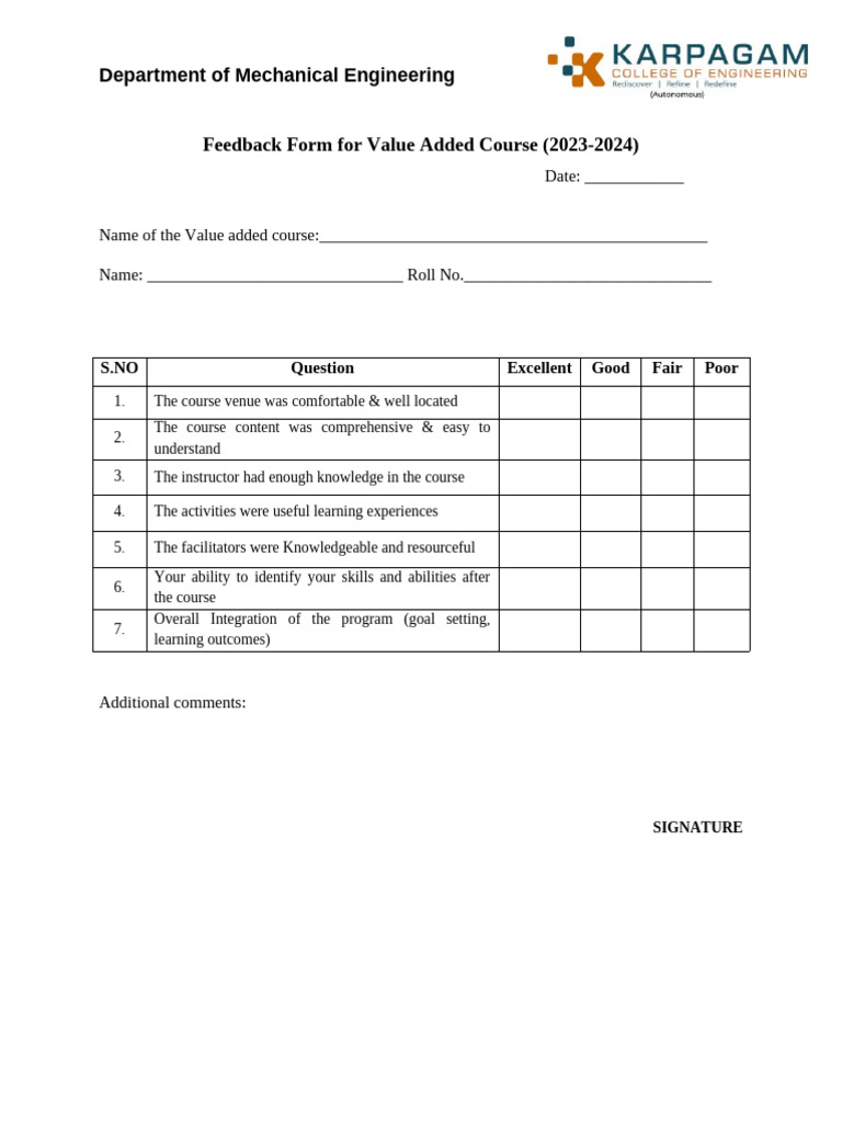 Mechanical Engineering Course Feedback Form | PDF