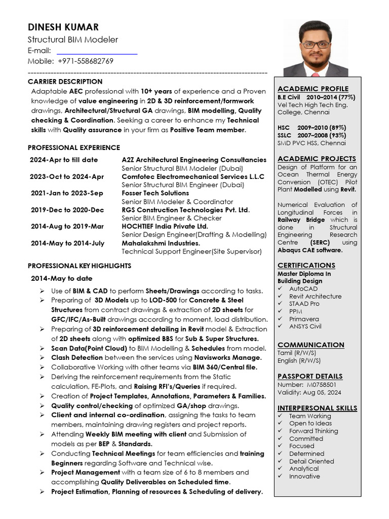 Resume - Dinesh Kumar - Uae | PDF | Building Information Modeling | Dubai