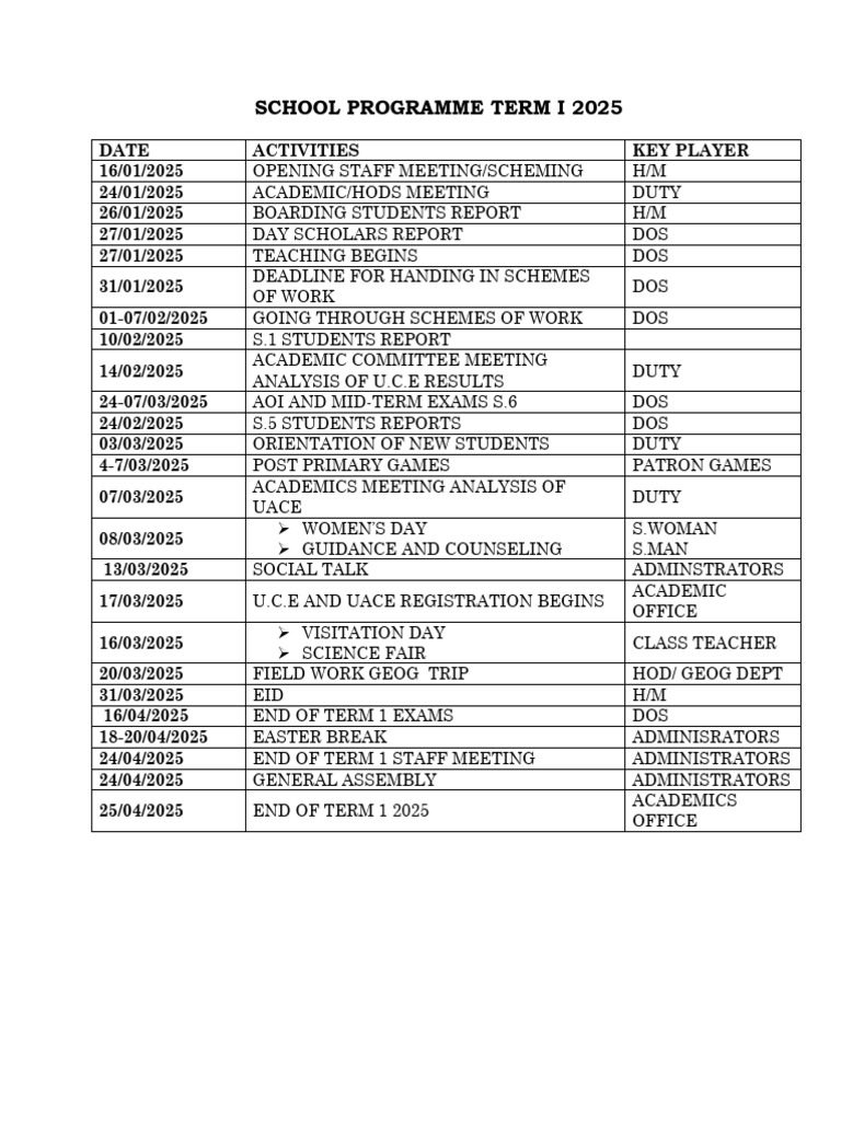 School Programme Term I 2025 Schedule | PDF