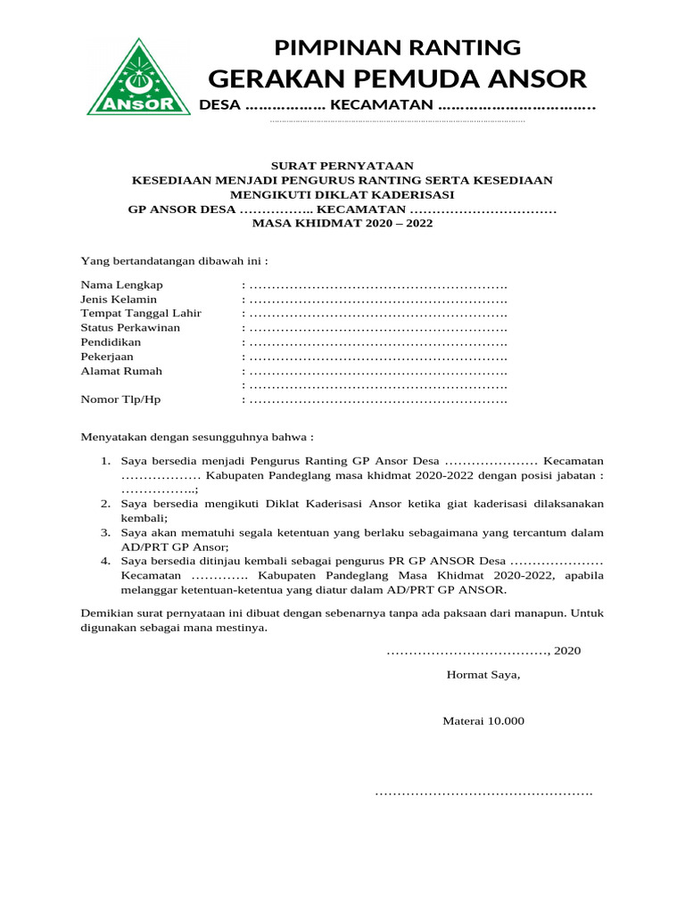 SURAT PERNYATAAN KESEDIAAN PENGURUS PR | PDF