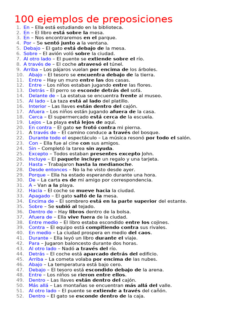 100 Ejemplos de Preposiciones | PDF