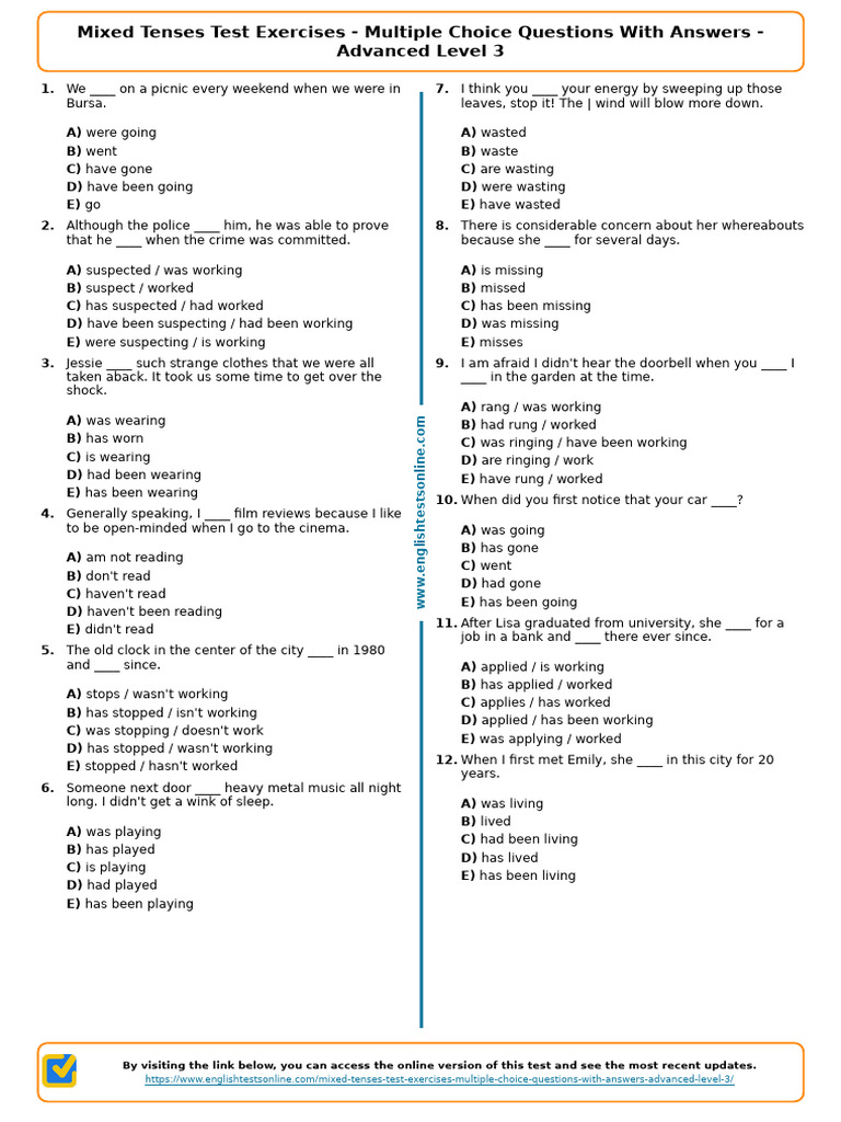 502 Mixed Tenses Test Exercises Multiple Choice Questions With Answers ...