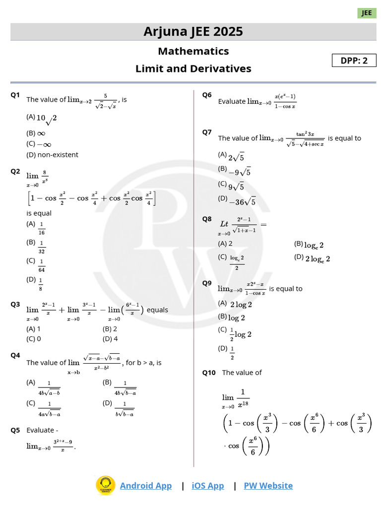 Limits and Derivatives - DPP 02 - Arjuna JEE 2025 | PDF